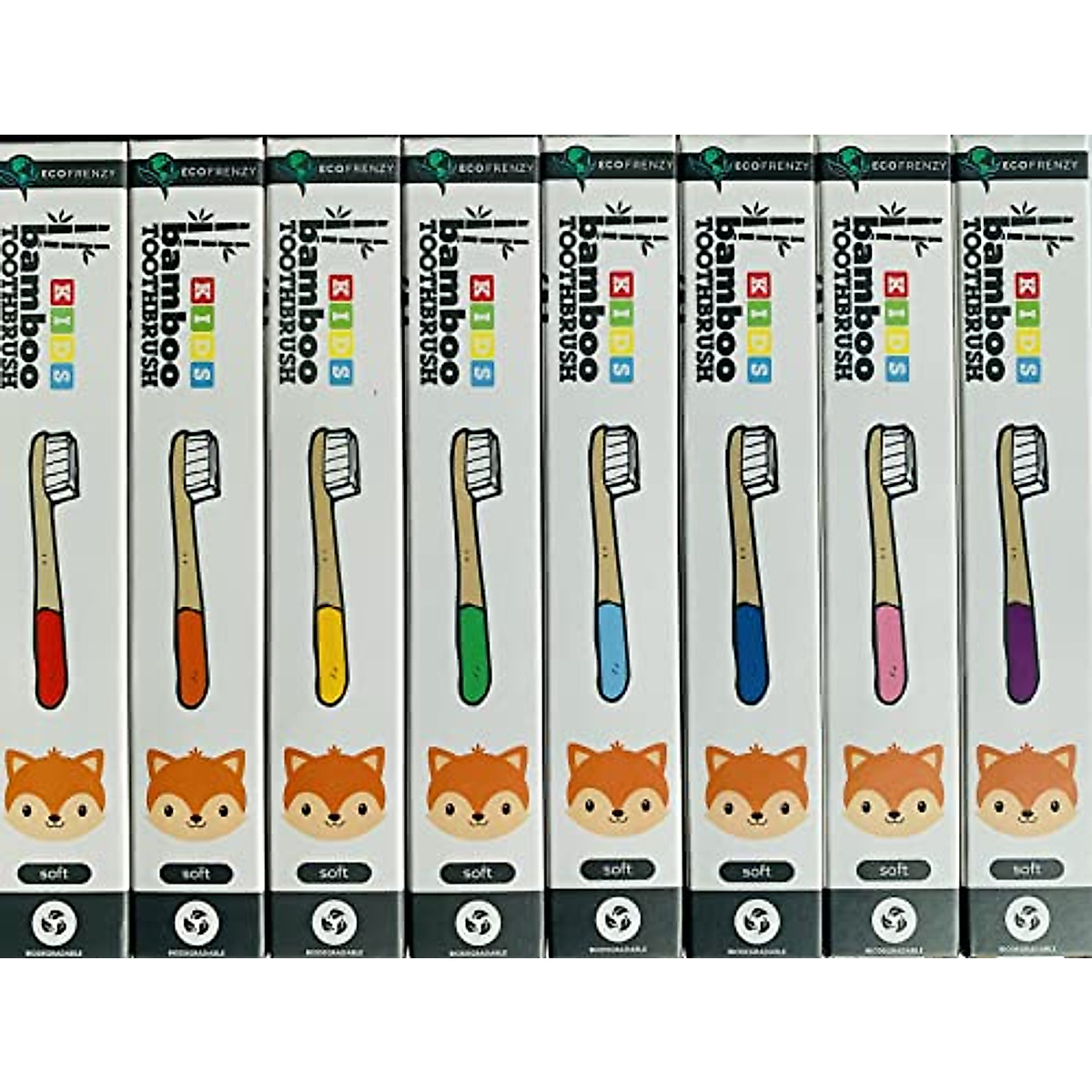 EcoFrenzy - Kids Bamboo Toothbrush - Child Size Soft BPA Free Color Safe Bristles (8 Pack)