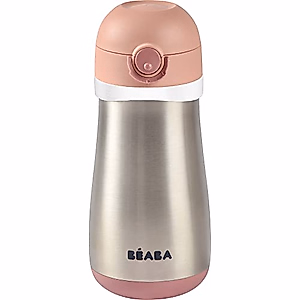 BEABA Kids Stainless Steel Water Bottle, Baby to Toddler Insulated Water bottle, Close Top On The Go Kids Water bottle, Toddler Thermos Water bottle (Rose)