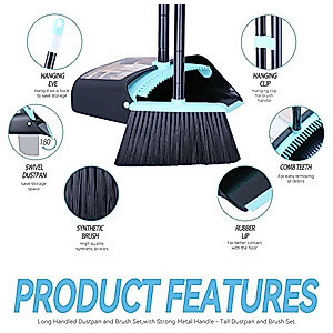 Broom and Dustpan Set for Home,Dust pan with Broom,Standing Dustpan and Broom with Long Handle for Indoor Lobby Office Kitchen Sweeping