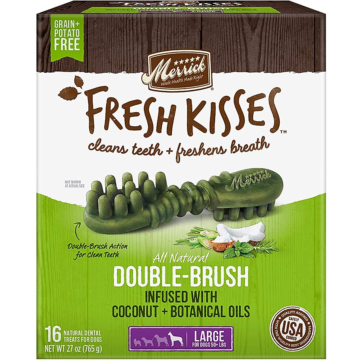 (2 Pack) Merrick Fresh Kisses Double-Brush Dental Dog Treats, Infused with Coconut & Botanical Oils and Mint Breath Strips, Cleans & Freshens Breath for Large Dogs, 16 Dental Dog Treats/Pack (Large)