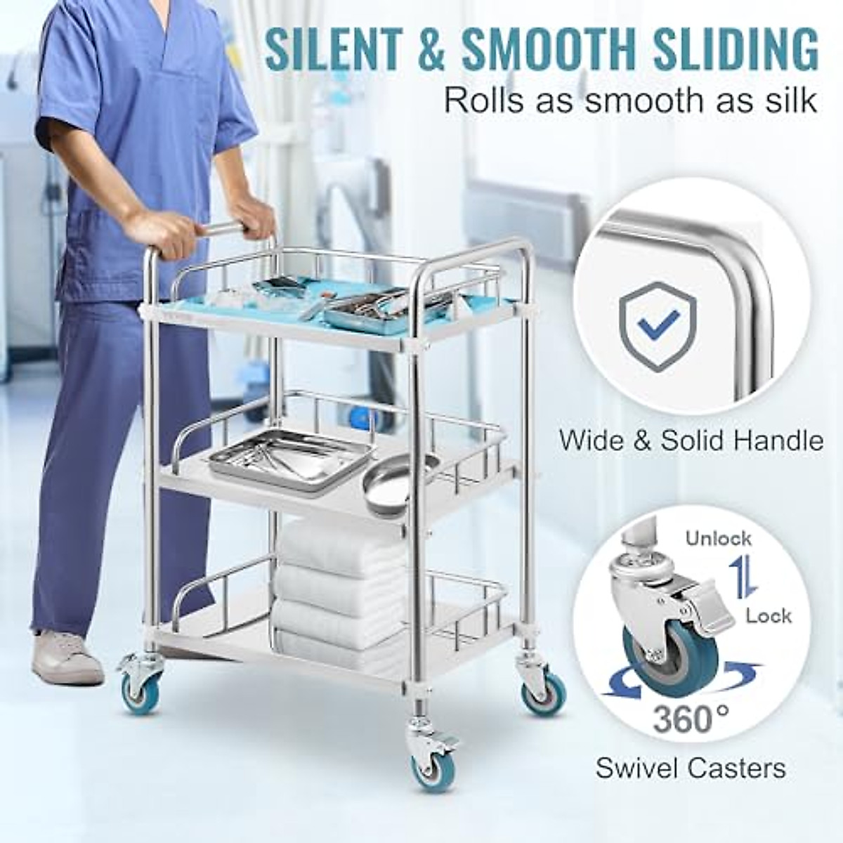 VEVOR Lab Rolling Cart, 3-Shelf Stainless Steel Rolling Cart, Lab Serving Cart with Swivel Casters, Dental Utility Cart for Clinic, Lab, Hospital, Salon, 26.38"x15.55"x34.13"