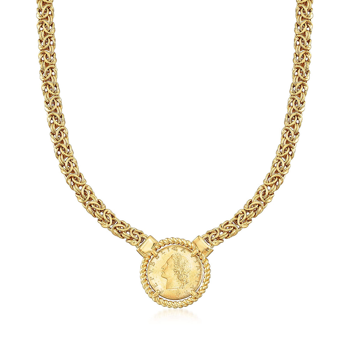 Ross-Simons Italian 18kt Gold Over Sterling Replica Lira Coin Byzantine Necklace. 18 inches
