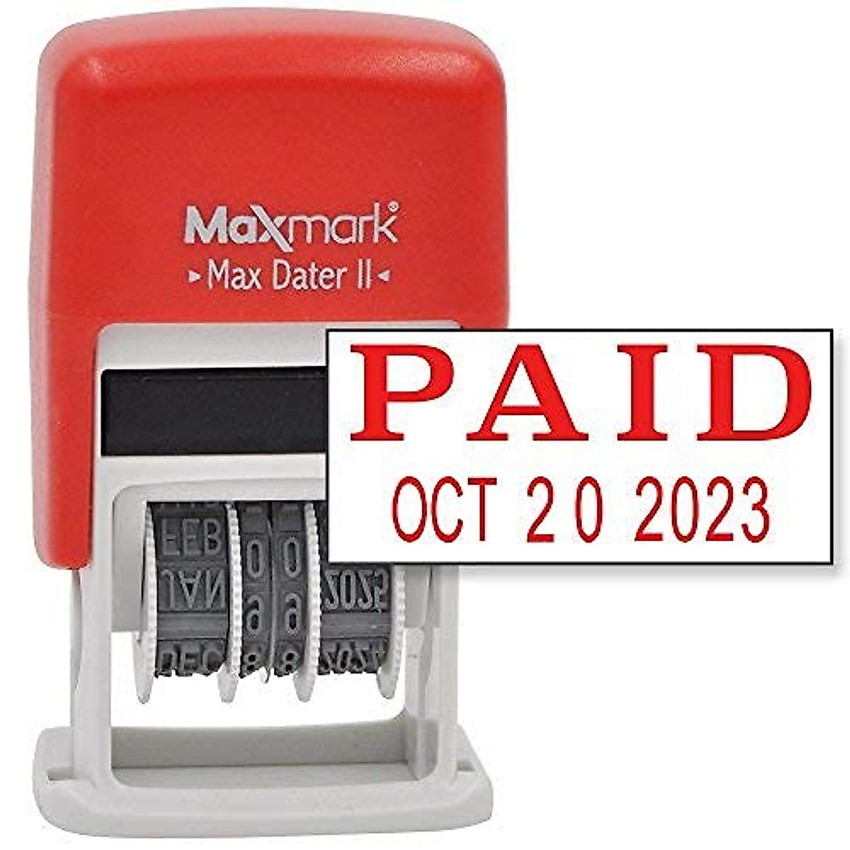 MaxMark Self-Inking Rubber Date Office Stamp with Paid Phrase & Date - RED Ink (Max Dater II), 12-Year Band