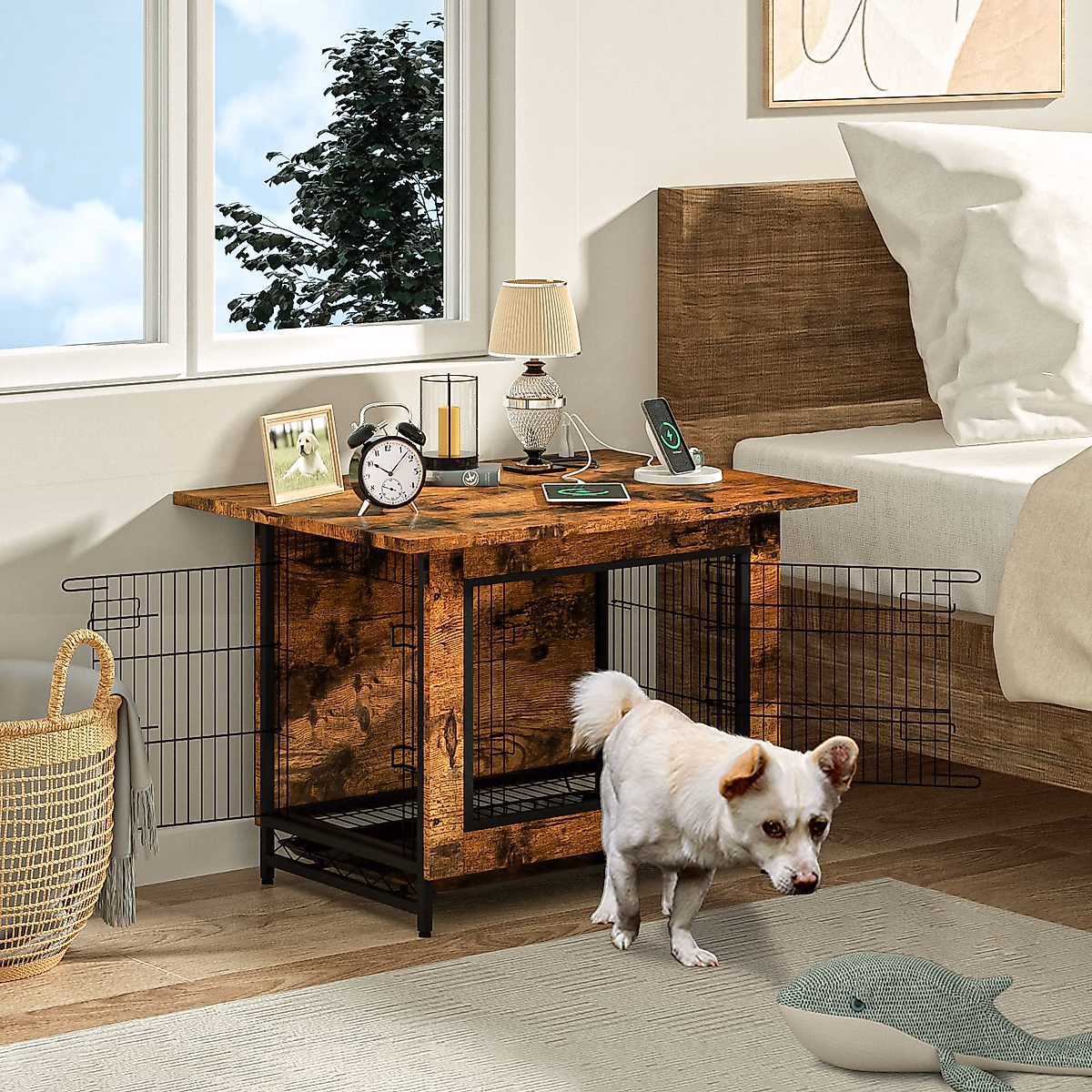WASAGUN Wood Dog Kennel End Table with Pull-Out Tray, Power Outlets - For Small & Medium Dogs up to 30 lb, Brown