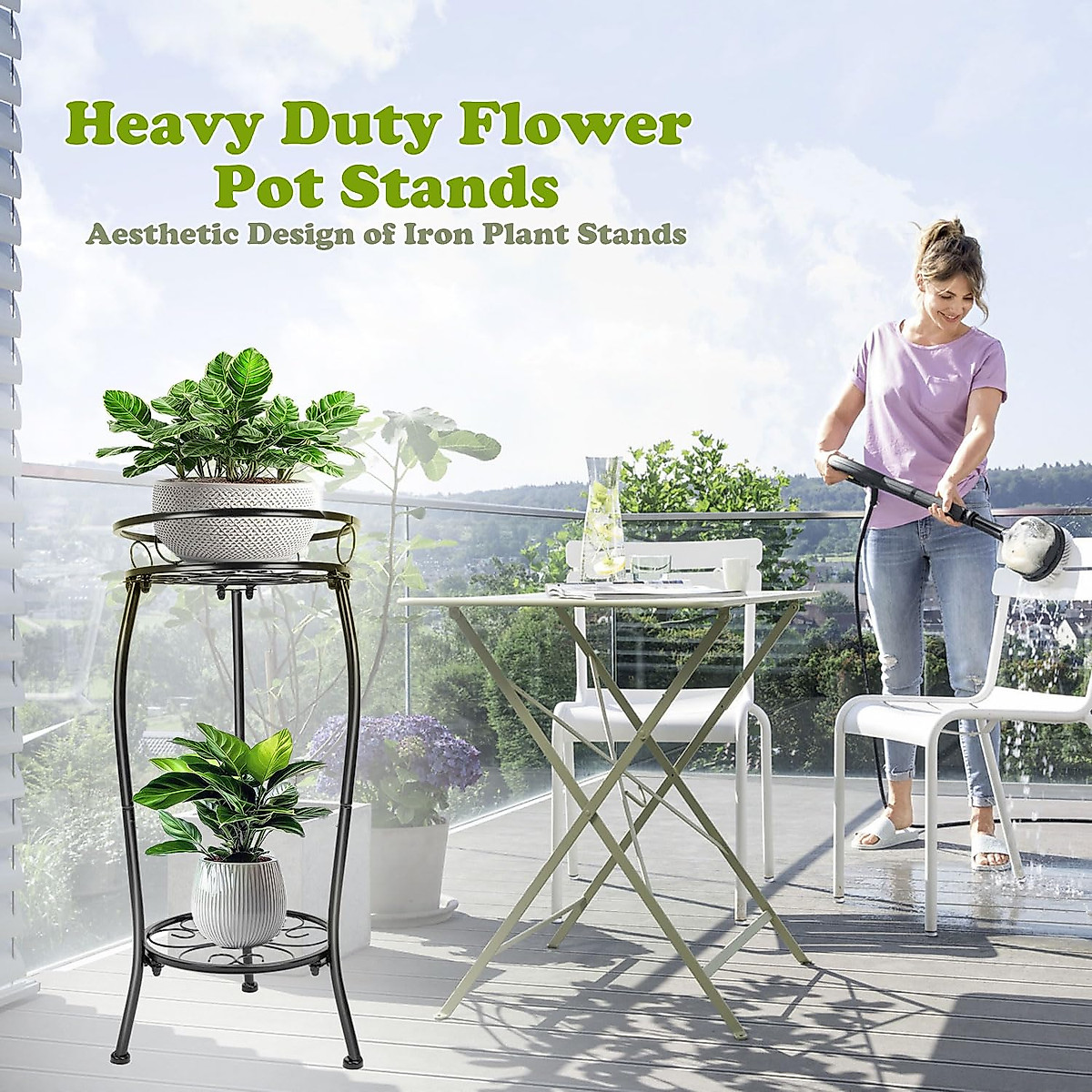 THKFUL Metal Plant Stands Indoor Outdoor, 2 Tier Tall Potted Plant Stand Plant Shelf Flower Pot Stand Iron Plant Holder for Multiple Planter,Rustproof Corner Plant Rack(20.3'')