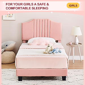 GAOMON Pink Twin Bed Frame for Girls, Upholstered Platform Bed Frame with Headboard, Strong Wooden Slats Support, Velvet Fabric Wrap, No Box Spring Needed, Easy Assembly (Pink)