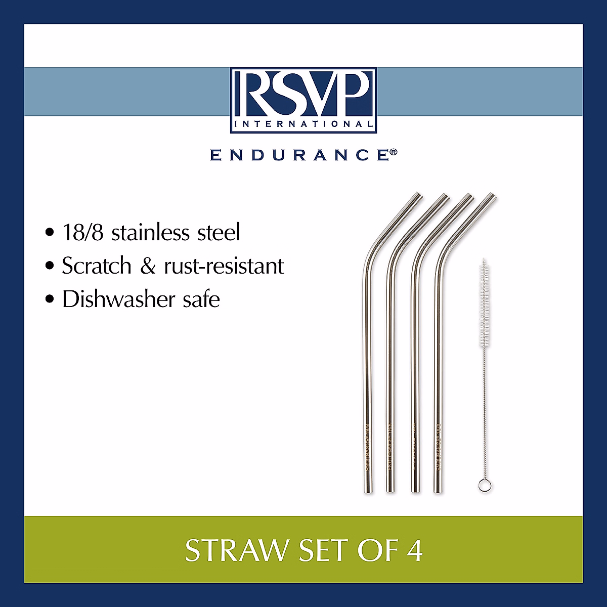 RSVP International Endurance Stainless Steel 8.5" Drink Straws, 4 Count | 5mm Fits Most Tumblers | Reusable & Durable | For Smoothies, Frappes, Sodas, Tea & More | Dishwasher Safe