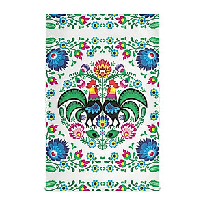Polish Floral Rooster Folk Art Colorful On White Set of 1 Polyester Kitchen Dish Towel, Dishtowels Waffle Dishcloths, Hemmed Napkin Towel, Hand Bar Tea Towels with Hanging Loop