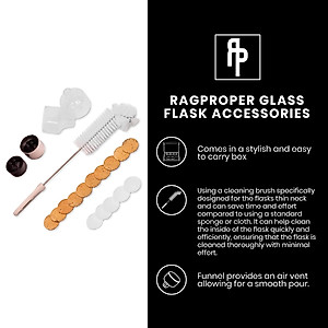 Ragproper Glass Flask Accessory Kit - Cleaning Set with Cleaning Brush, Silicone & Cork Lid Liners, Stainless Steel & Plastic Lids & Smooth Pour Funnels (Double Shot, 240mL)