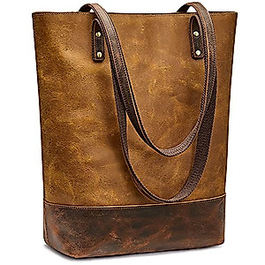 S-ZONE Women Vintage Genuine Leather Tote Bag Shoulder Purse Handbag Two Tone with a Luggage Sleeve