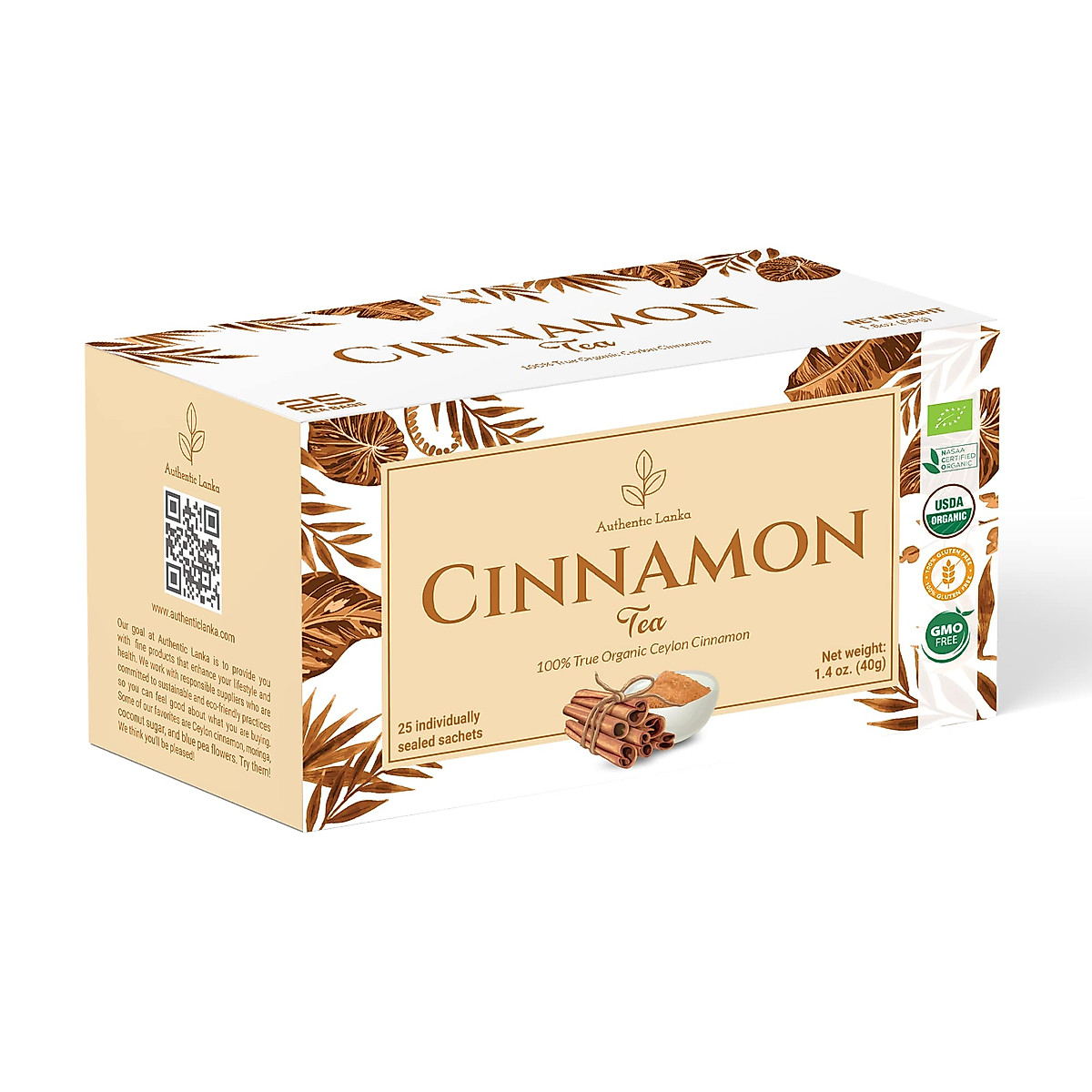 Authentic Lanka 100% True Ceylon Cinnamon Tea 25 Sachets Box - Caffeine Free, Organic Sweet Cinnamon Herbal Tea, Vegan, USDA Organic, Non GMO, Sri Lanka (Ceylon) Origin