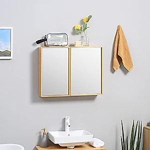 kleankin Bamboo Bathroom Medicine Cabinet, Wall Mounted Storage with Mirrors, Shelves, Natural