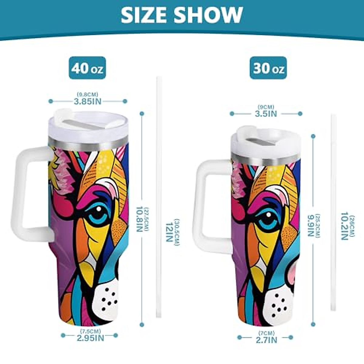 Dog Head Abstract Tumbler with Handle and Straw 30-40 Lid Cup Holder Compatible for Travel Insulated Stainless Steel Cup Food Grade PP Gifts for Him Her BPA-free