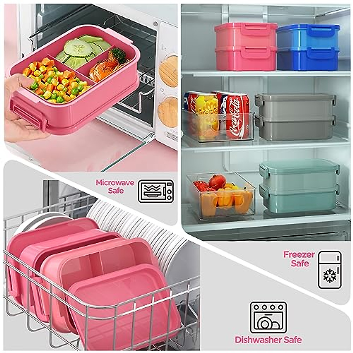 DaCool Adults Bento Box Lunch Box - Stackable All-in-One Leakproof Bento Lunch Box for Adults Women Girls 74 OZ Large Lunch Containers with Fork Spoon Sauce Boxes for Work School Dining Out, Pink