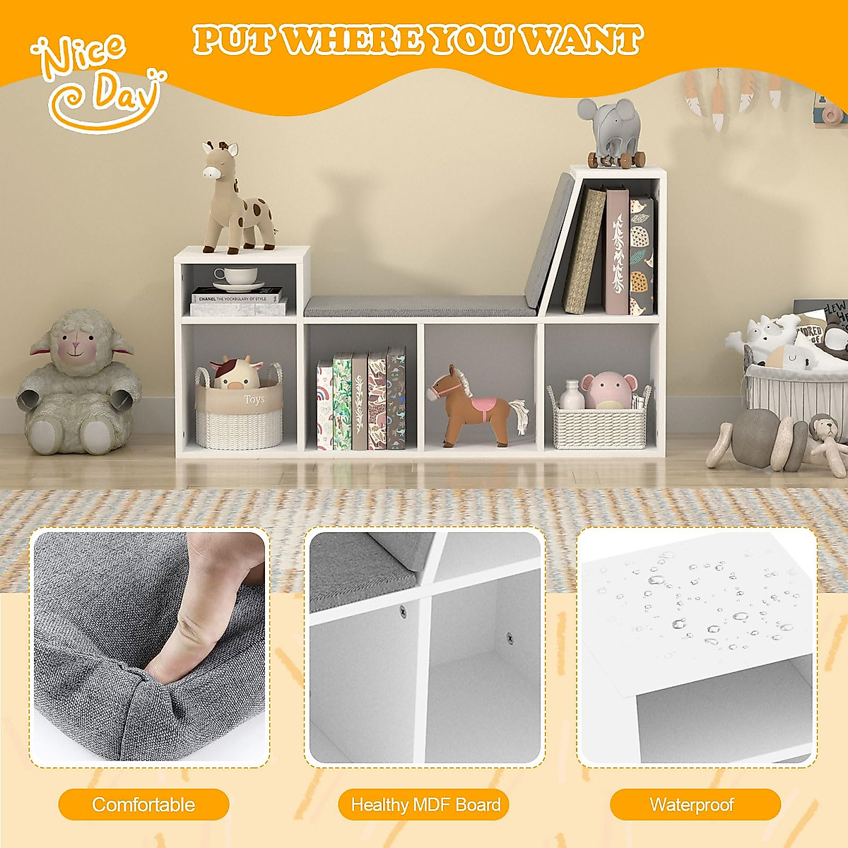 HedoajimKids Bookshelf with Reading Nook,Bookcase with 6 Cubby and Seat Cushion,Toddler Reading Bench and Toy Storage Organizer for Kids Room, Playroom, Classroom, Nursery,Bedroom