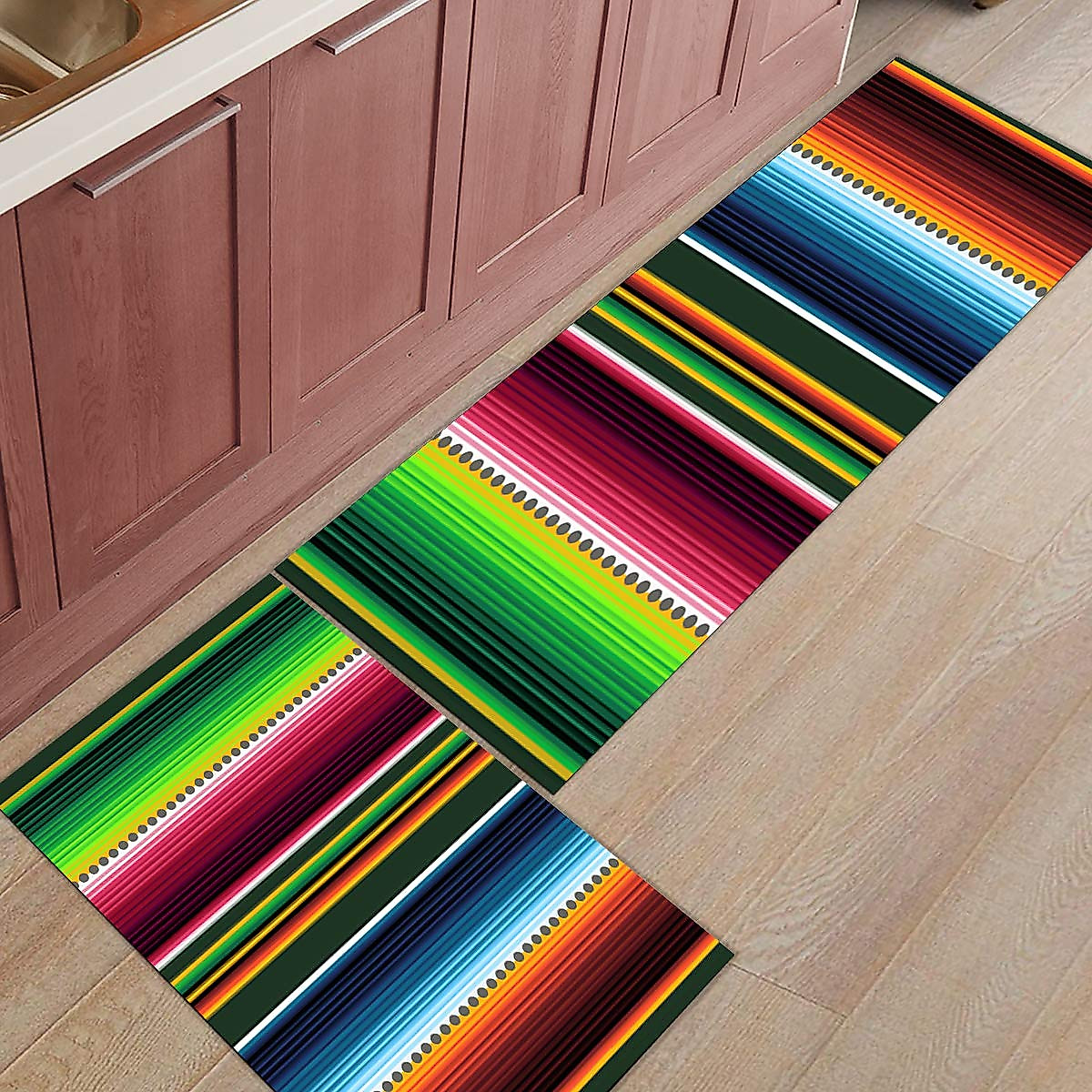Infinidesign 2 Piece Mexican Serape Kitchen Mats Set 19.7x31.5inch+19.7x47.2inch, Anti-Fatigue Non-Slip Chef Mat Kitchen Rug Cushioned Floor Rugs, Colorful Stripes