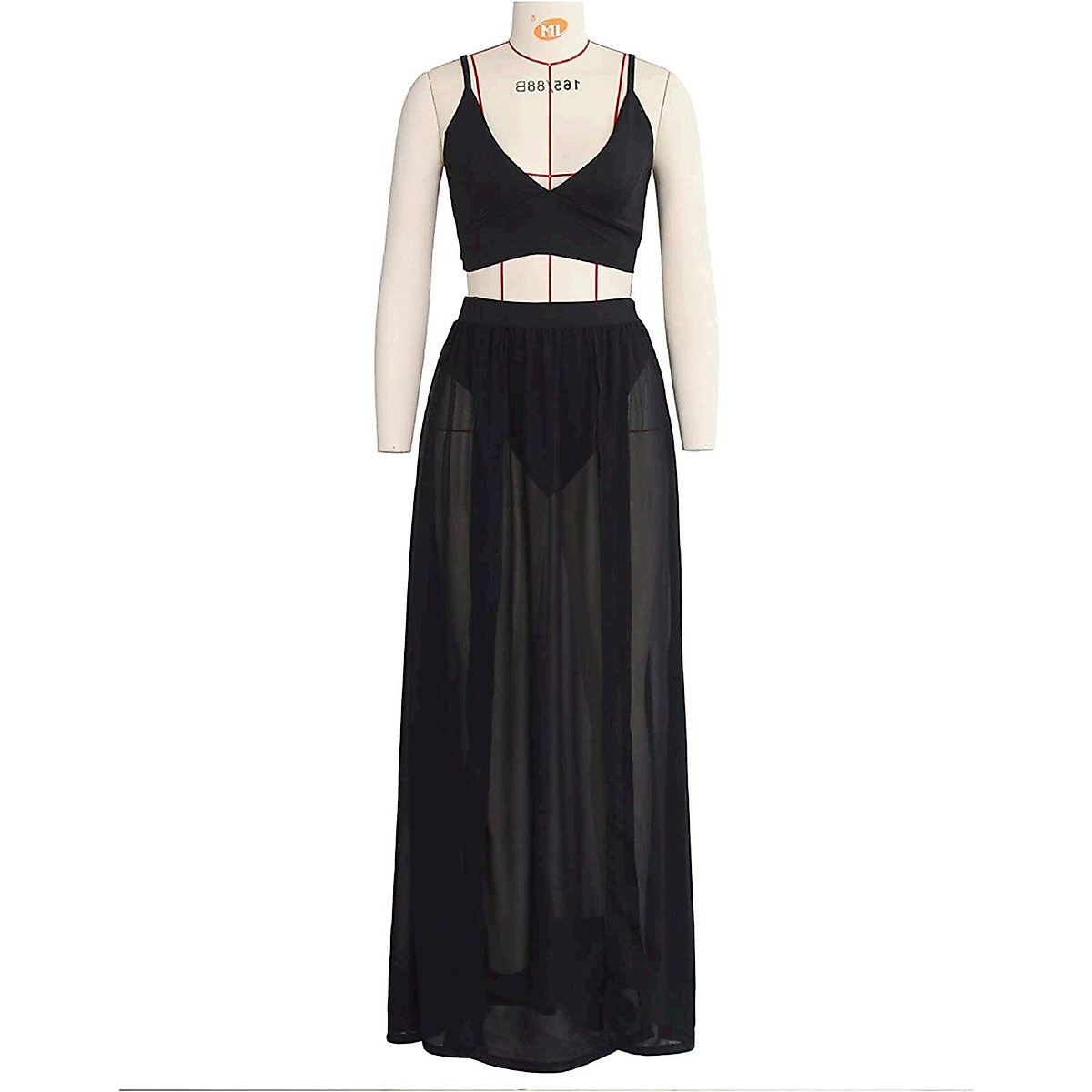 Rela Bota Women's Sexy Summer 2 Piece Maxi Chiffon Dress Crop Top Skirt Set Beachwear Black L