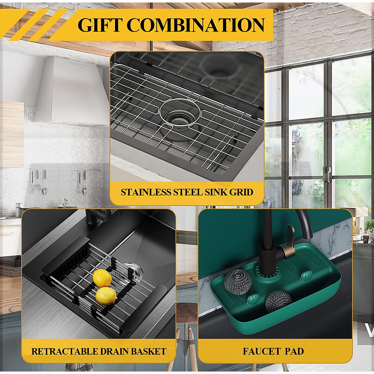 Black Kitchen Sink, Stainless Steel Topmount Bar Sink 15x17x9 Inch Single Bowl Drop In Kitchen Sink Combo-Stainless Steel Sink Grid,Drain Basket,Faucet Mat,Drain Strainer Set for Modern Kitchen Sink