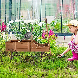 Giantex Decorative Garden Planter, Small Wagon Cart with Metal Wheels, Wood Raised Beds Plant Pot Stand for Backyard Garden Patio 24.5"x13.5"x24" (Natural)