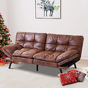Hcore Convertible Sleeper, Memory Foam Futon Couch,Loveseat Bed,Small Splitback Modern Sofa Sofabed, Brown