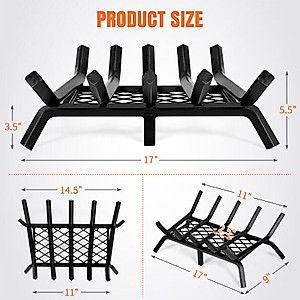INNO STAGE Fireplace Grates with Ember Retainer - 17 Inch Fireplace Log Grate, Firewood Wood Log Holder Rack, Inside Wrought Cast Iron Fire Grate for Hearth Indoor Outdoor Camping