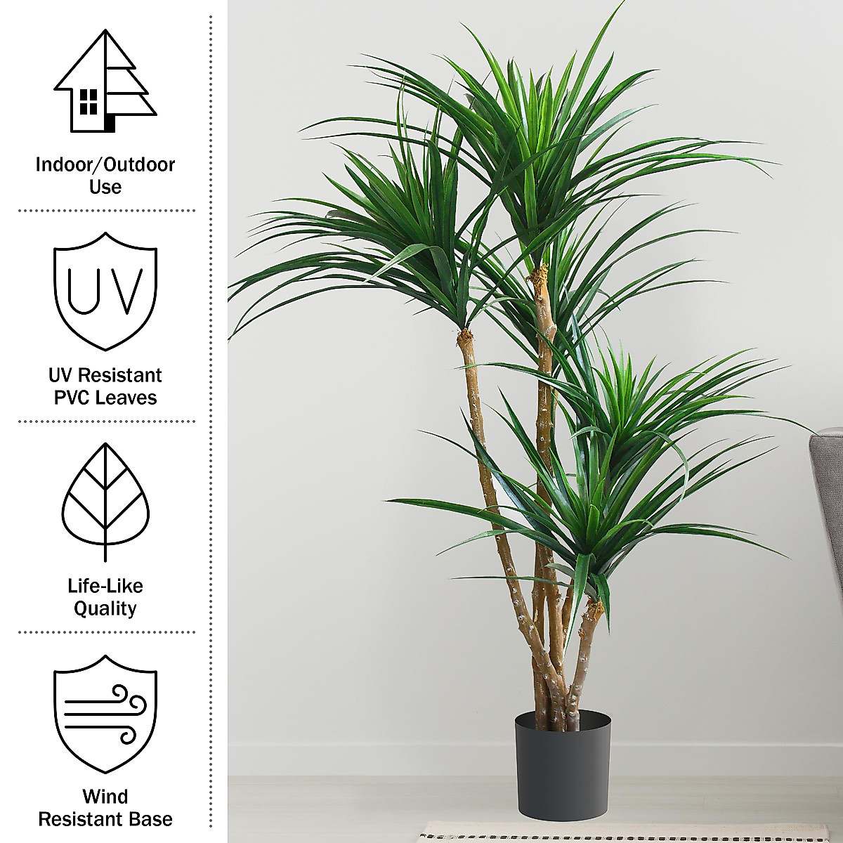 Pure Garden Artificial Tree - 51-Inch Tropical Yucca Plant with Rubber Leaves and Natural Trunk for Living Room, Bedroom and Office - Faux Plants