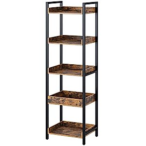 Rolanstar Bookshelf, 5-Tier Storage Rack, Narrow Corner Bookshelf, Display Wooden Shelves for Living Room, Bathroom, Balcony, Kitchen,Rustic Brown