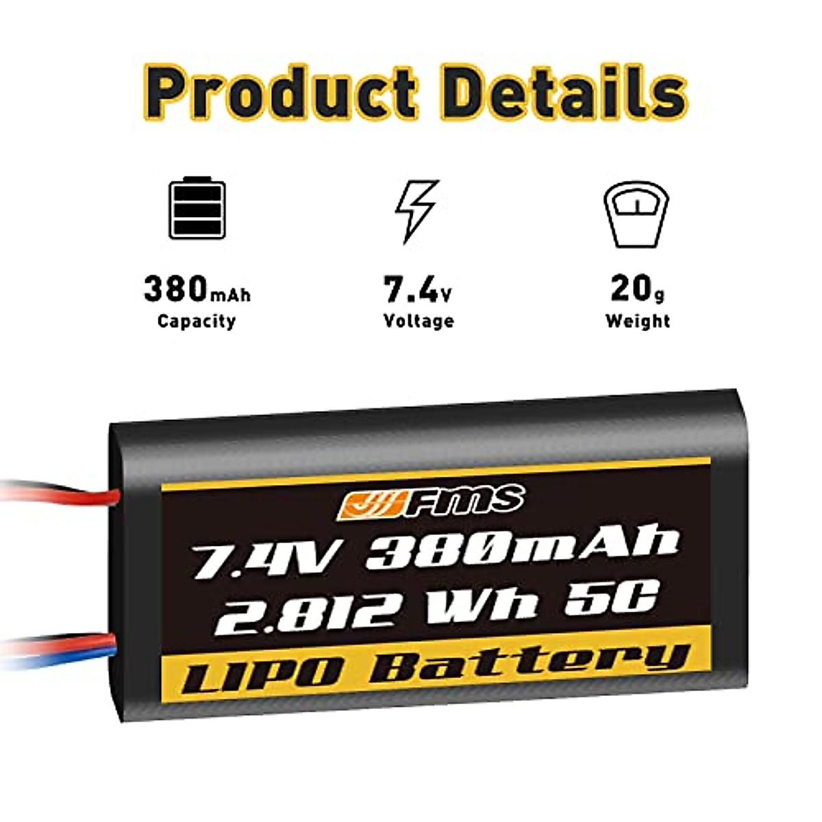 EAZYRC FMS 7.4V 380mAh Battery for 1/24 FCX Power Wagon,1/12 Willys, 1/24 Smasher RTR,1/24 k5 Chevy Blazer RTR