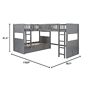 SOHUSPHOME Twin-Over-Twin Wooden L-Shaped Triple Bunk Bed with Ladders and 2 Storage Drawers, Space-Saving Design, Built-in Ladder & Solid Slat Support for Kids Teens Bedroom, Grey
