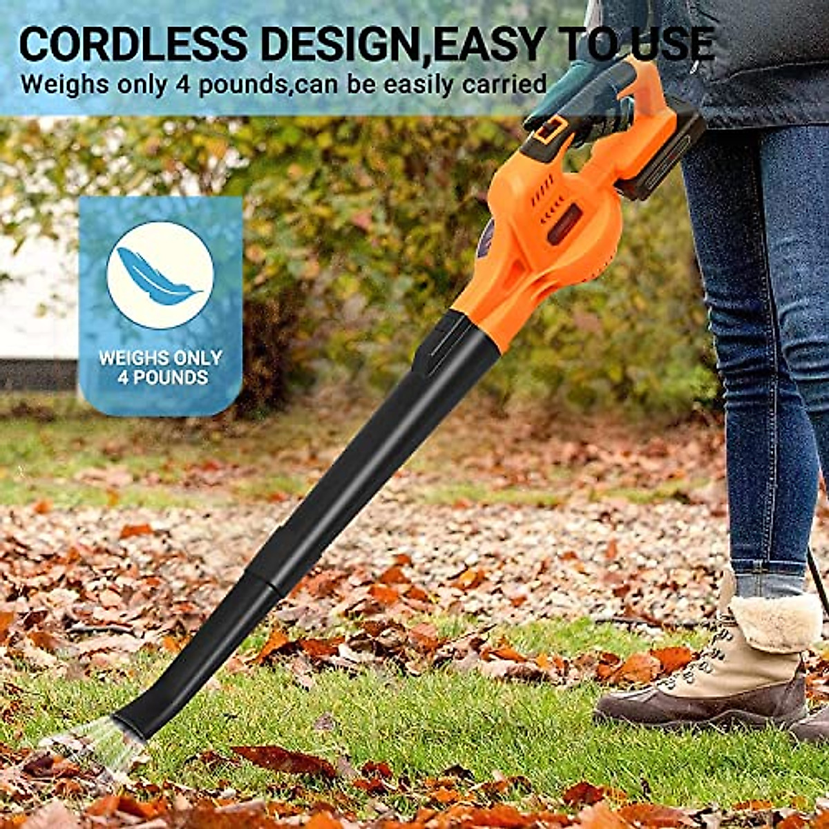 WISETOOL 20V Cordless Leaf Blower with Battery and Charger, Leaf Blower Battery Operated, Rechargeable Electric Handheld Leaf Blower Variable Speed With 2 Tubes For Patio, Leaves & Snow Blowing-Orange