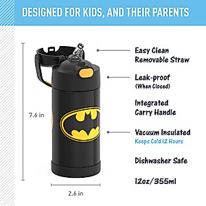 THERMOS FUNTAINER Water Bottle with Straw - 12 Ounce, Batman - Kids Stainless Steel Vacuum Insulated Water Bottle with Lid