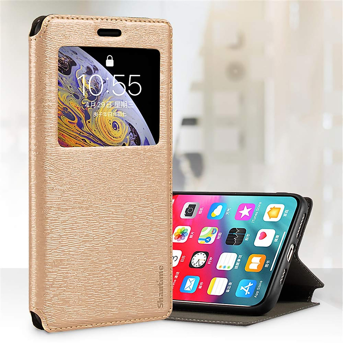 Infinix Smart 5 Case, Wood Grain Leather Case with Card Holder and Window, Magnetic Flip Cover for Infinix Smart 5