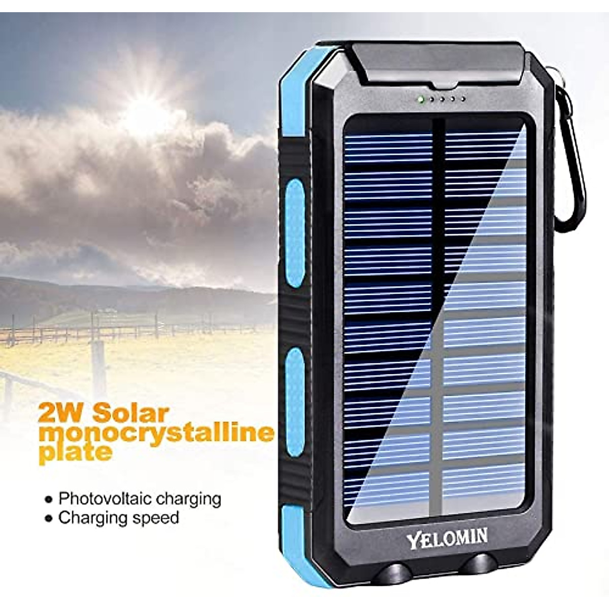 Solar Power Bank, YELOMIN 20000mAh Portable Outdoor Solar Charger, Camping Waterproof Backup Battery Pack with Dual USB 5V Outputs/LED Flashlights and Compass for Cellphones and Electronic Devices