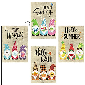 WATINC 4Pcs Seasonal Gnomes Garden Flags Set Hello Spring Summer Fall Winter Colorful Party Decoration Supplies Double Sided Burlap House Flag for Home Indoor Outdoor Yard Lawn 12.6 x 18.1 Inch