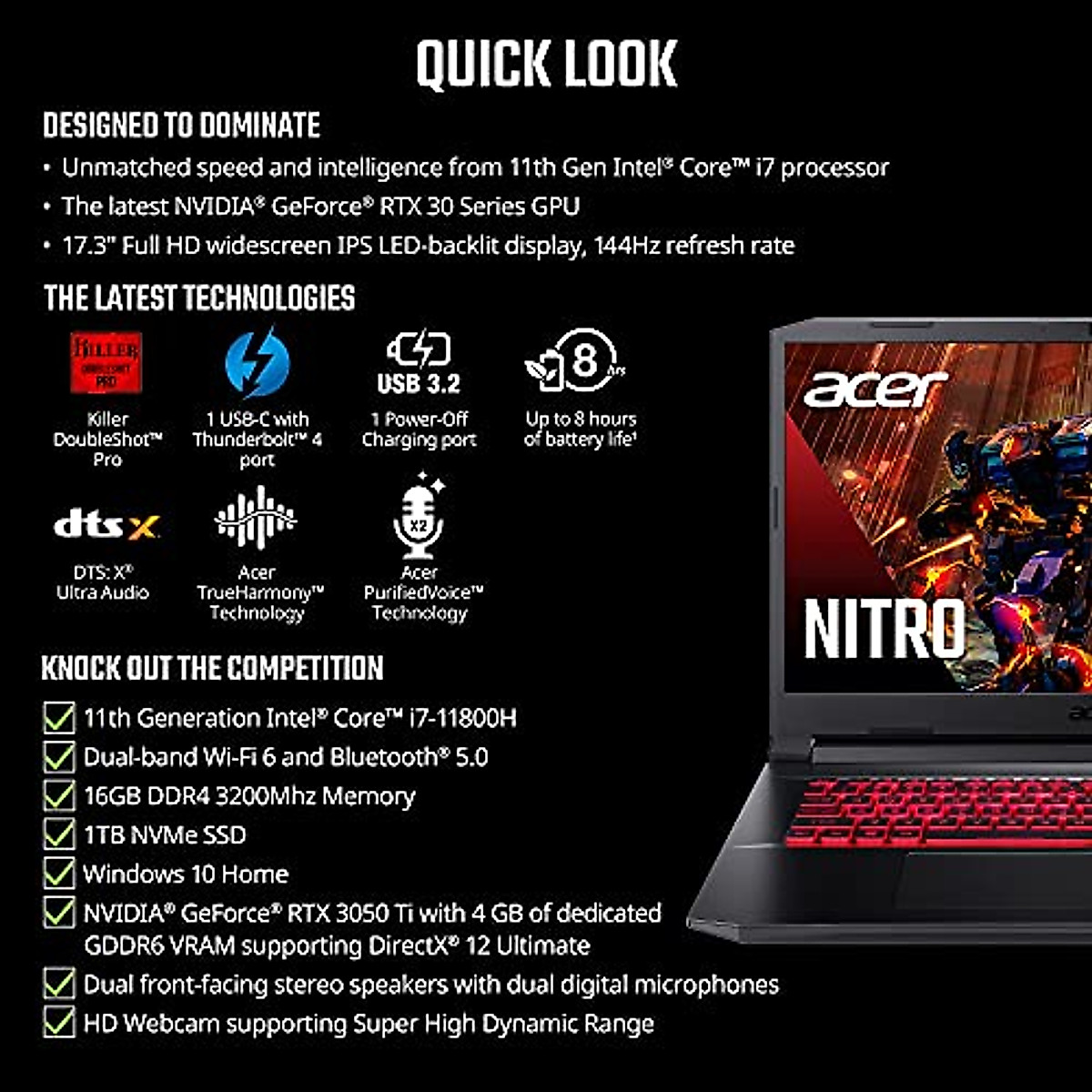 Acer Nitro 5 AN517-54-77KG Gaming Laptop | Intel Core i7-11800H | NVIDIA GeForce RTX 3050 Ti Laptop GPU | 17.3" FHD 144Hz IPS Display | 16GB DDR4 | 1TB NVMe SSD | Killer WiFi 6 | Backlit Keyboard