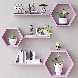 LUDORU Wooden Hexagon Floating Shelves Wall Mounted,Set of 6 Pine Hexagon Shelves Display for Photos,Plants,Rustic Honeycomb Shelves for Living Room,Bedroom,Bathroom, Kitchen, Office Decor, Pink