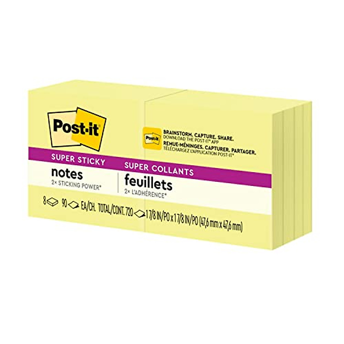 Post-it Super Sticky Notes, 2x2 in, 8 Pads, 2x the Sticking Power, Canary Yellow, Recyclable (622-8SSCY)