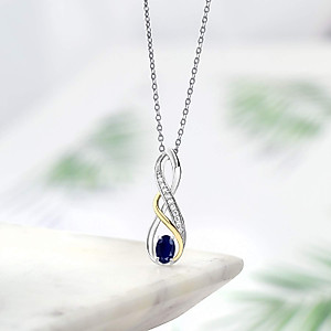 Gem Stone King 10K Yellow Gold and 925 Sterling Silver Blue Sapphire and White Lab Grown Diamond Pendant Necklace For Women (0.63 Cttw, with 18 Inch Silver Chain)