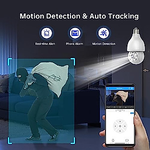 2K HD Light-Bulb Security Camera, Wireless 2.4G&5Ghz Wifi, Work With NVR & 3rd Party Software, RTSP Stream, Work With Alexa, 360° View, Auto Tracking, 2 Way Audio, Motion Detection, Remote View