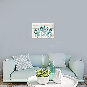SUMGAR Canvas Wall Art Bedroom Rustic Blue Flower Pictures Farmhouse Decor Teal Floral Paintings Turquoise Framed Artwork Grey Prints Gray Bathroom Decorations Mom Gifts,16x24 inch