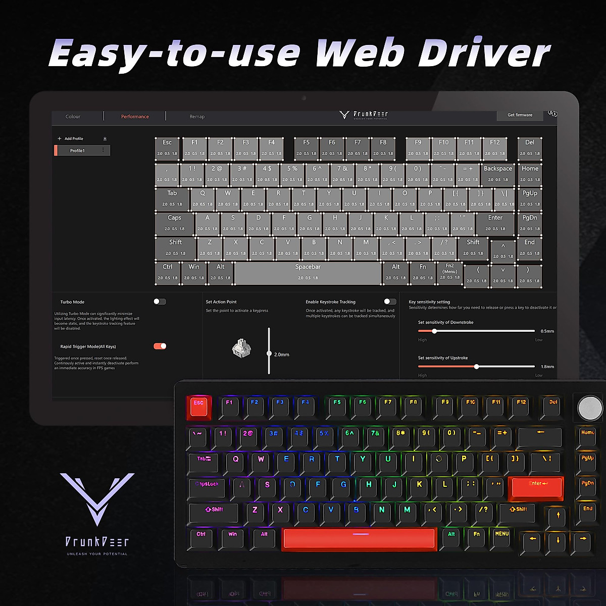 DrunkDeer A75 Mechanical Keyboard Magnetic Switches TKL Gaming Keyboard 82Keys PBT Keycap USE Wired OEM Profile RGB 82 Keys with Knob