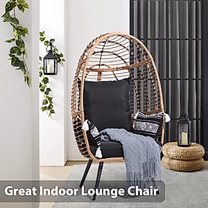 JOIVI Wicker Egg Chair, Oversized Indoor Outdoor Lounger Large Egg Basket Chair with Stand and Cushions for Patio Porch, Backyard, Living Room, Balcony (Beige Rattan, Black Cushion)
