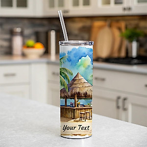 Personalized Custom Name Text Beach Resort Tropical Scene With Tiki Bar Skinny Tumbler 20oz with Straw Insulated Water Bottle Gift - 1 Line Horizontal