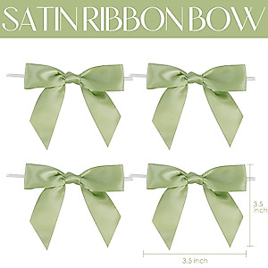 AIMUDI Sage Green Satin Ribbon Twist Tie Bows 3.5" Pretied Bows Premade Bows for Treat Bags Crafts Gift Wrapping Basket Wedding Favors Cookie Candy Bagging Cake Pop Bridal Shower - 50 Counts