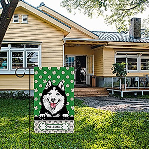 MALIHONG St.Patrick Day Polka Dot Shamrock Clover Garden Flag Doberman Dog 12.5x18 Inch Double Sided Dog Prints Small Flag Outdoor Yard Decoration Banner