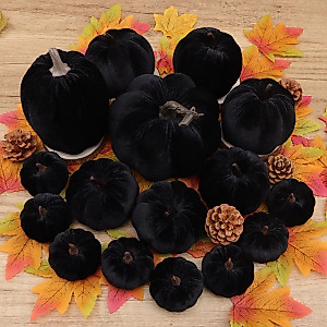 Yatinkim 16pcs Black Halloween Faux Velvet Pumpkins Decorative Set Halloween Fake Foam Pumpkin Thanksgiving Kitchen Decor Fall Church Decoration