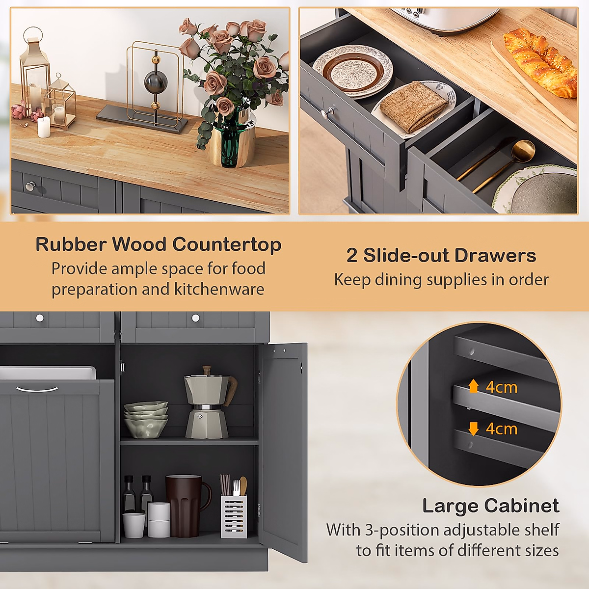 Giantex Tilt Out Trash Cabinet 15.5 Gallon, Wooden Laundry Room Cabinet, 2 Drawers, Storage Cabinet, Recycling Trash Cabinet, Kitchen Island with Garbage Can Holder, 39.5" x 14" x 35.5", Gray