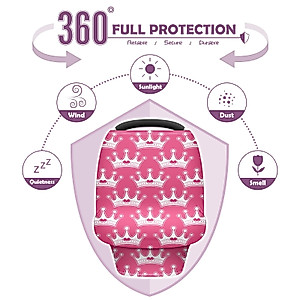 Baby Car Seat Covers Pink Girly Princess Royalty Crown Nursing Cover Breastfeeding Scarf Stroller Cover for Babies Multiuse Infant Carseat Canopy for Boys Girls, Shower Gifts