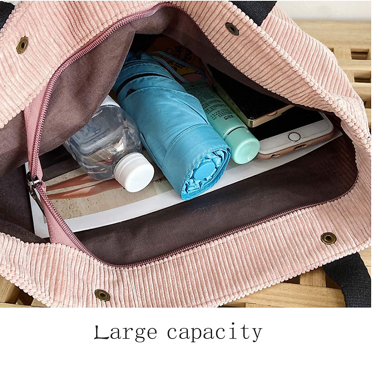 fun young Womens Brown Corduroy Shoulder Tote Bag With Zipper