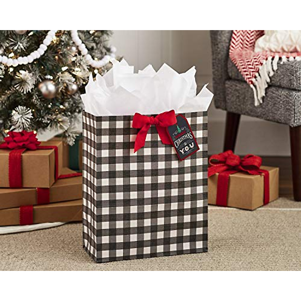 Hallmark 15" Extra Large Christmas Gift Bag with Tissue Paper (Black and White Buffalo Plaid with Red Bow)